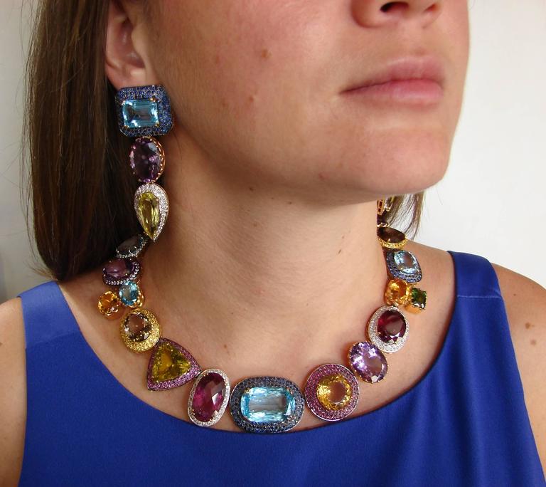 Multi-Colored Gemstones Yellow Gold Necklace and Earrings Set For Sale ...