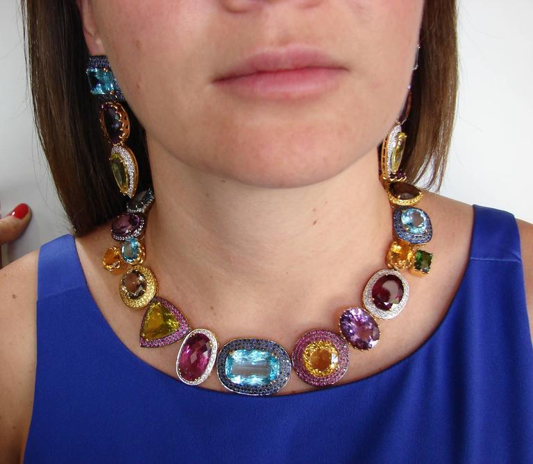 Multi-Colored Gemstones Yellow Gold Necklace and Earrings Set For Sale ...