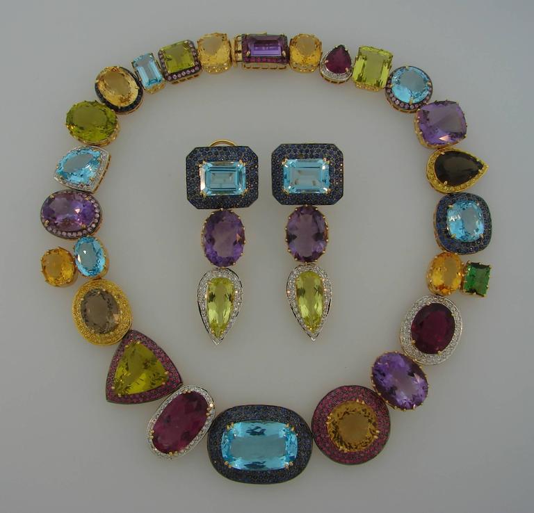 Multi-Colored Gemstones Yellow Gold Necklace and Earrings Set For Sale ...