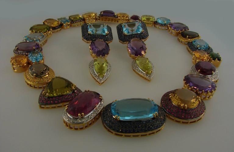 Multi-Colored Gemstones Yellow Gold Necklace and Earrings Set For Sale ...