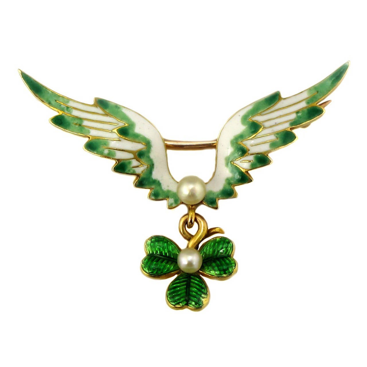 Enamel Gold Three Leaf Clover and Wings Brooch at 1stDibs