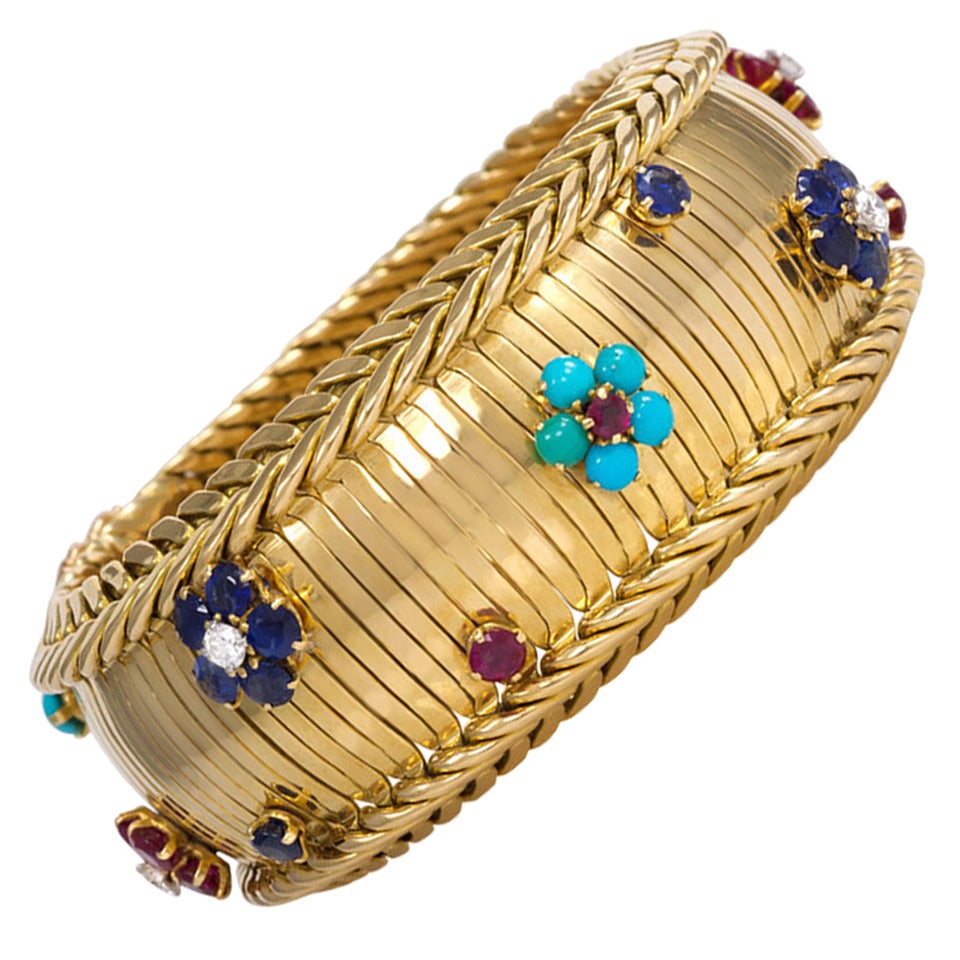 1950s Marchak Paris Gem-set Floral Gold Bracelet at 1stDibs
