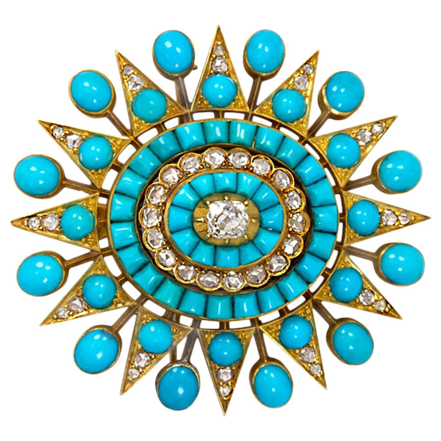 Antique Turquoise Diamond Gold Starburst Brooch at 1stDibs