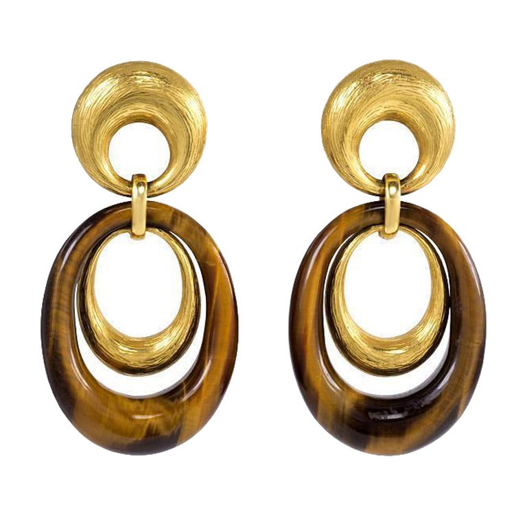 Tiger's Eye and Gold Hoop Earrings at 1stDibs