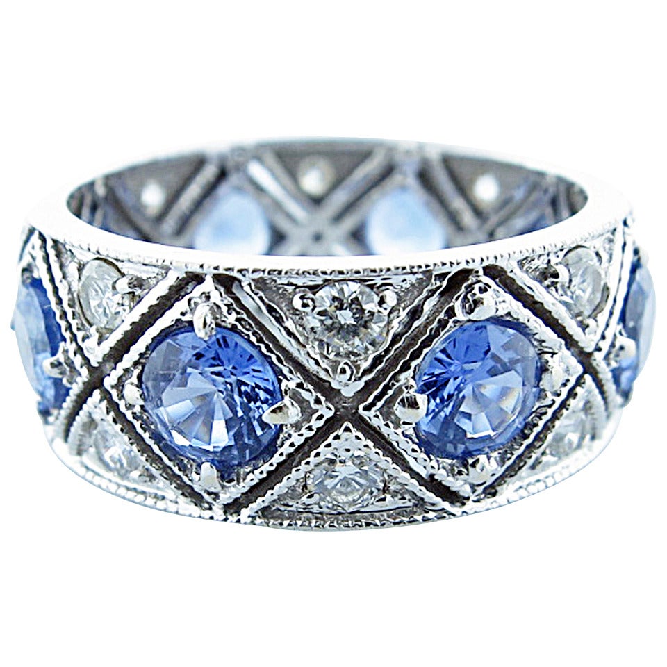 Beautiful Wide Art Deco Sapphire Diamond Gold Wedding Band at 1stDibs