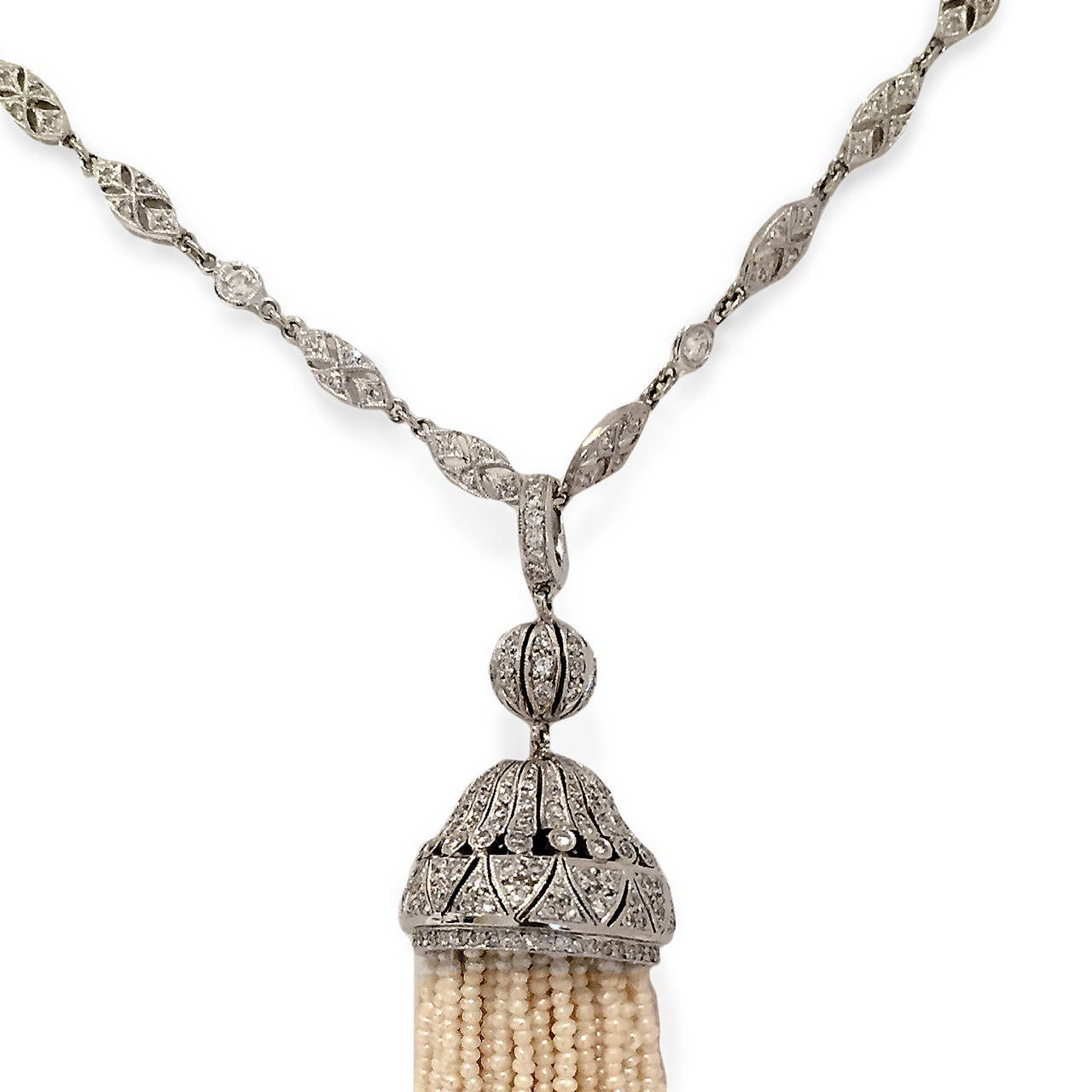 Spectacular Pearl Diamond Platinum Tassel Necklace at 1stDibs