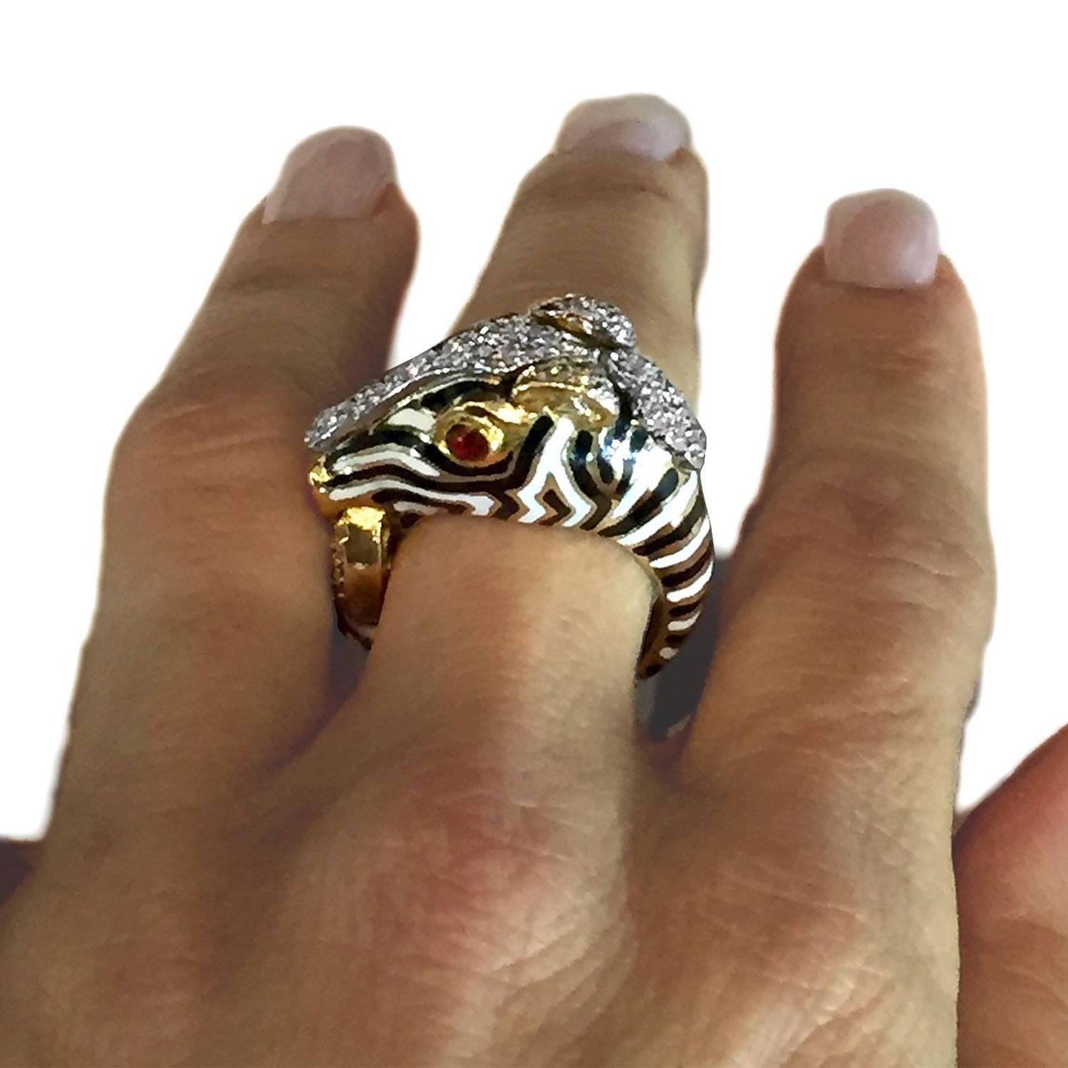 David Webb Enamel Diamond Gold Zebra Ring at 1stdibs