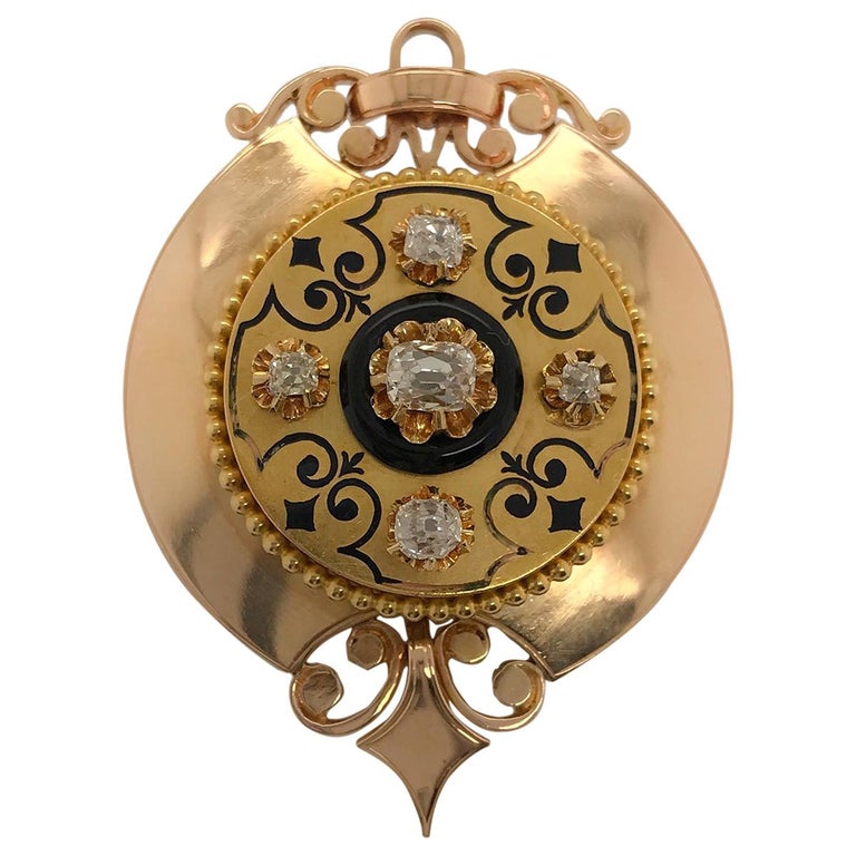 Victorian 14 Karat Yellow Gold Diamond and Enamel Memory Brooch at 1stDibs