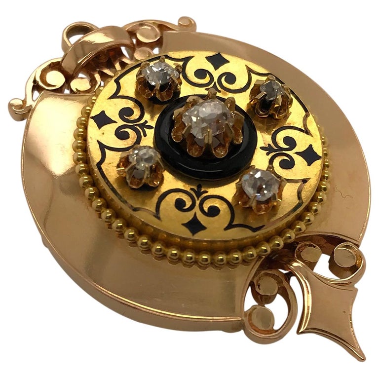 Victorian 14 Karat Yellow Gold Diamond and Enamel Memory Brooch at 1stDibs