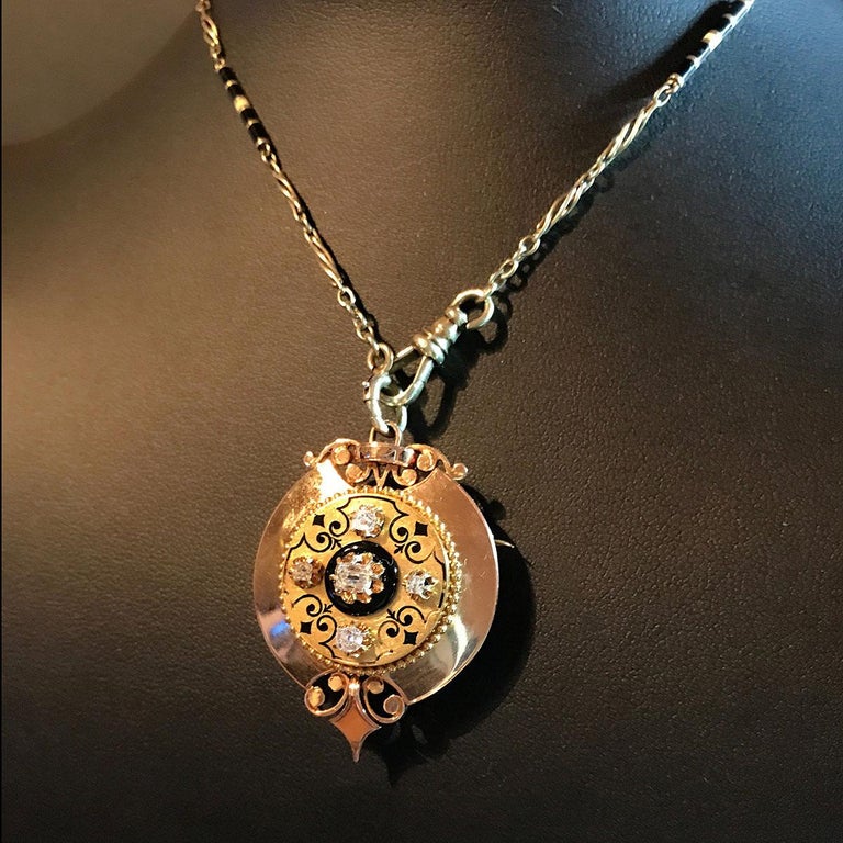 Victorian 14 Karat Yellow Gold Diamond and Enamel Memory Brooch at 1stDibs