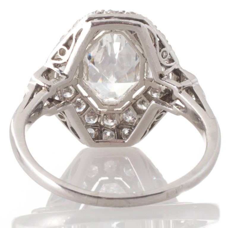 French Art Deco Diamond Platinum Plaque Ring with Modified Baroness Cut ...