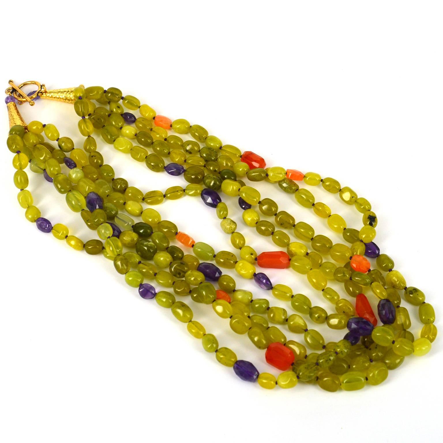 Five Strand Korean Jade Amethyst Carnelian Gold Necklace at 1stDibs ...
