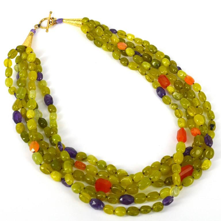 Five Strand Korean Jade Amethyst Carnelian Gold Necklace at 1stDibs ...
