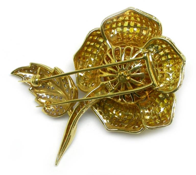 Golden Yellow Sapphire Diamond Rose Pin For Sale at 1stDibs
