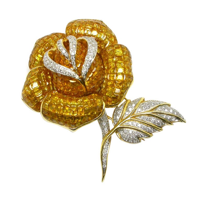 Golden Yellow Sapphire Diamond Rose Pin For Sale at 1stDibs