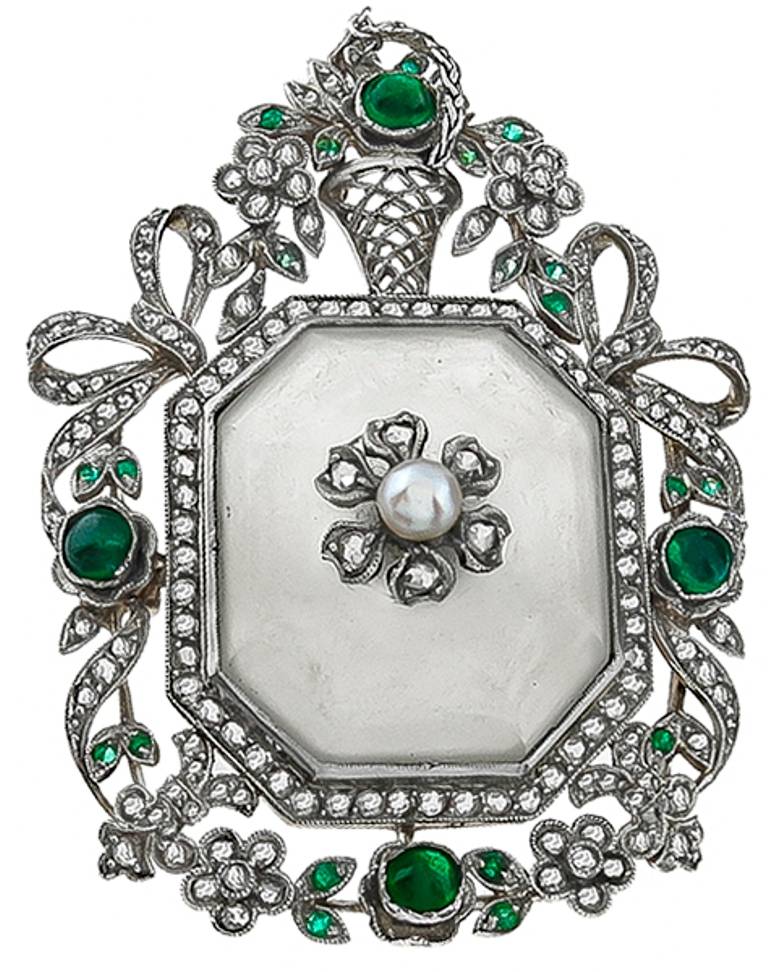 Belle Époque Diamond Crystal Emerald Gold Pin/ Pendant For Sale at 1stDibs