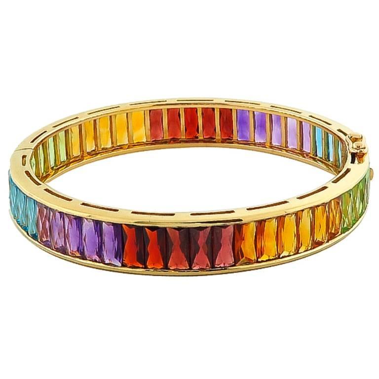 Multi Colored Semi Precious Stones Gold Bangle Bracelet For Sale at ...