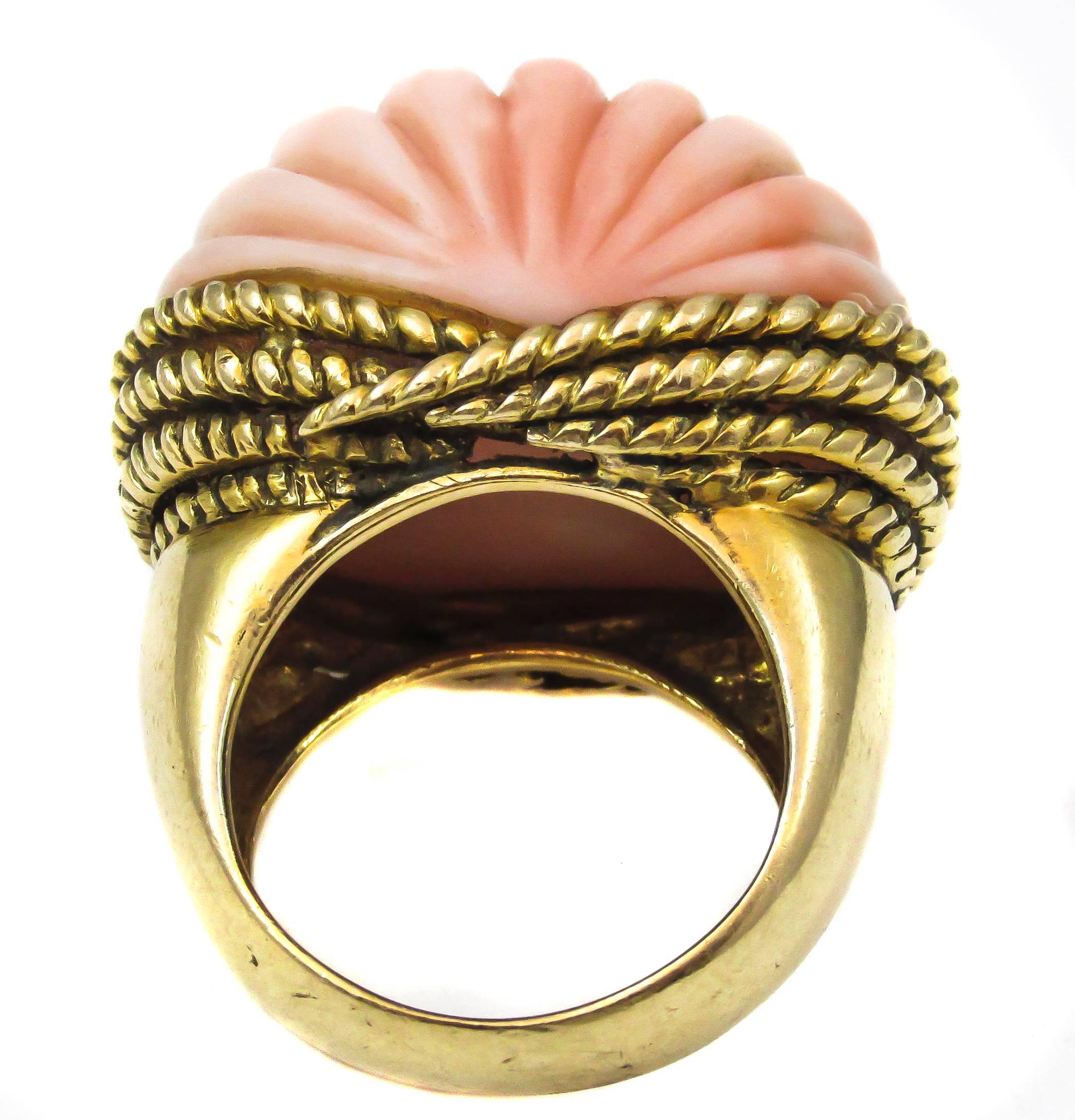 1970s Pink Carved Melon Coral Gold Ring For Sale at 1stDibs