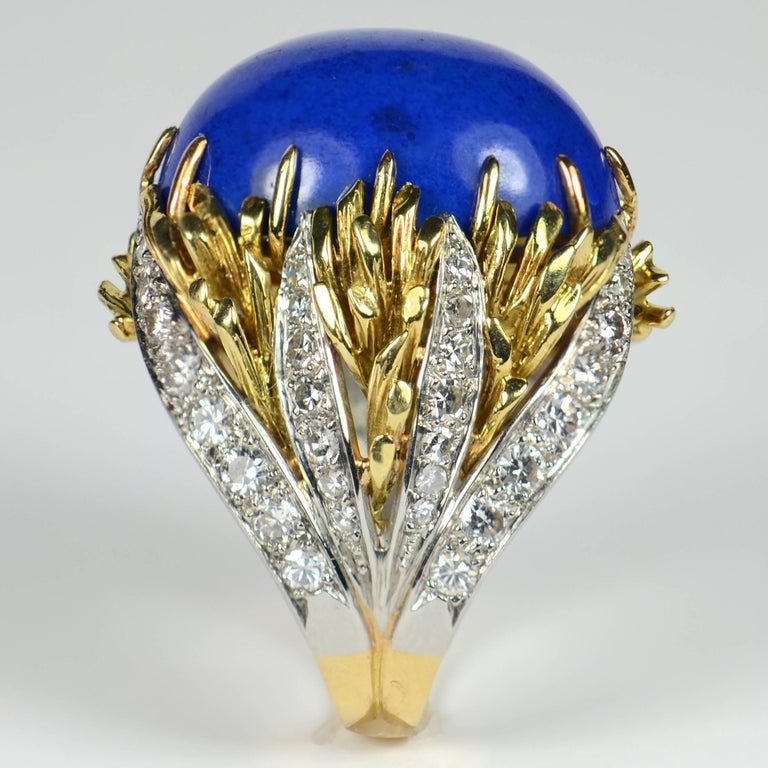 Blue Lapis Lazuli Diamond Platinum Gold Cabochon Cocktail Ring at ...
