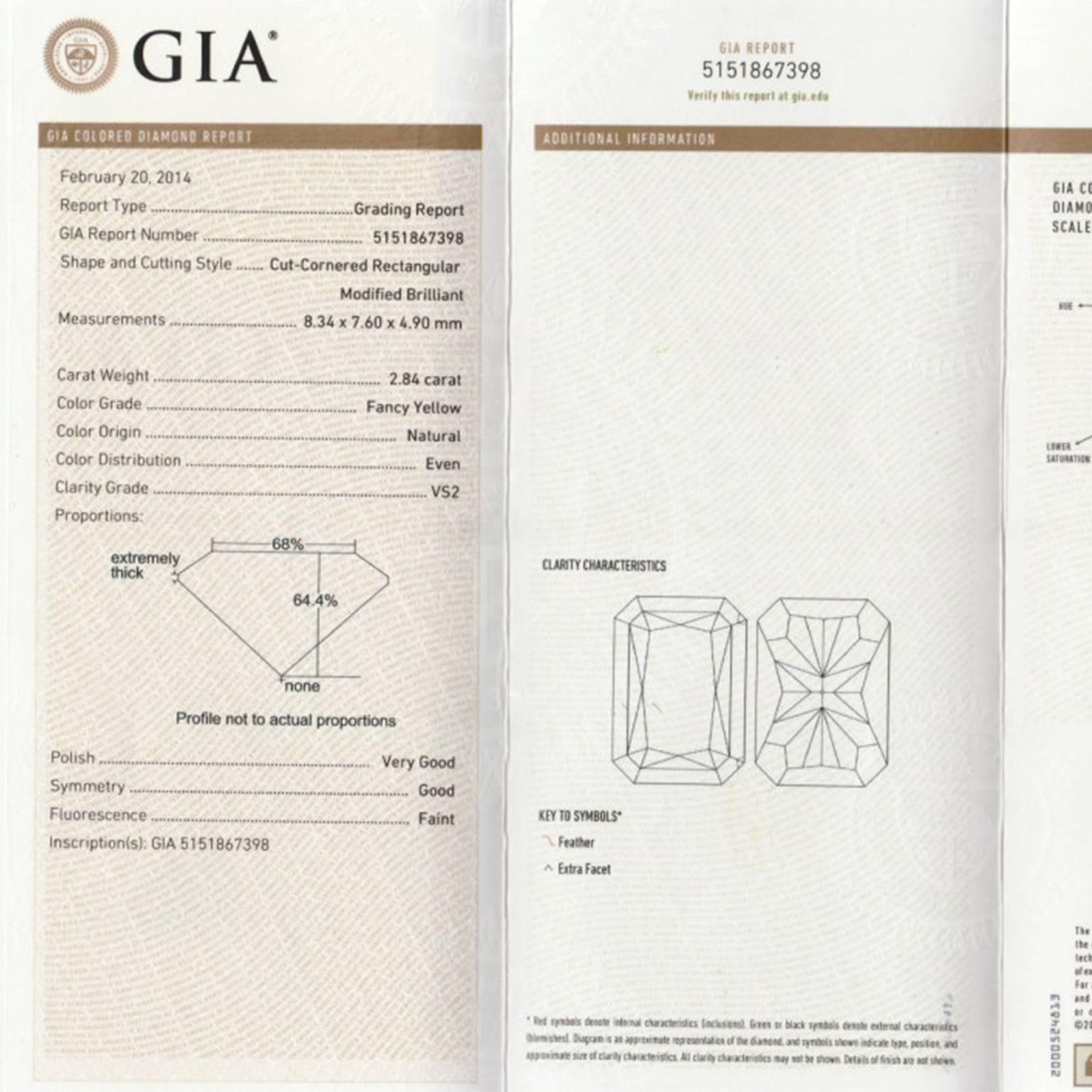 GIA Certified 2.84 Carat Fancy Yellow Cut-Cornered Rectangular Diamond ...