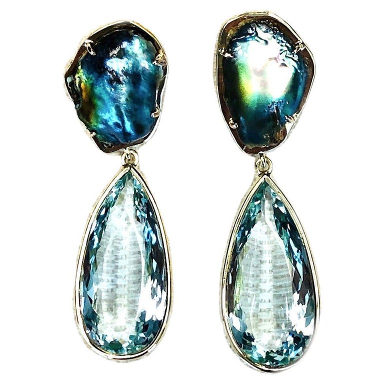 Abalone Baroque Pearl and Pear Shaped Aquamarine Drop Earrings in ...