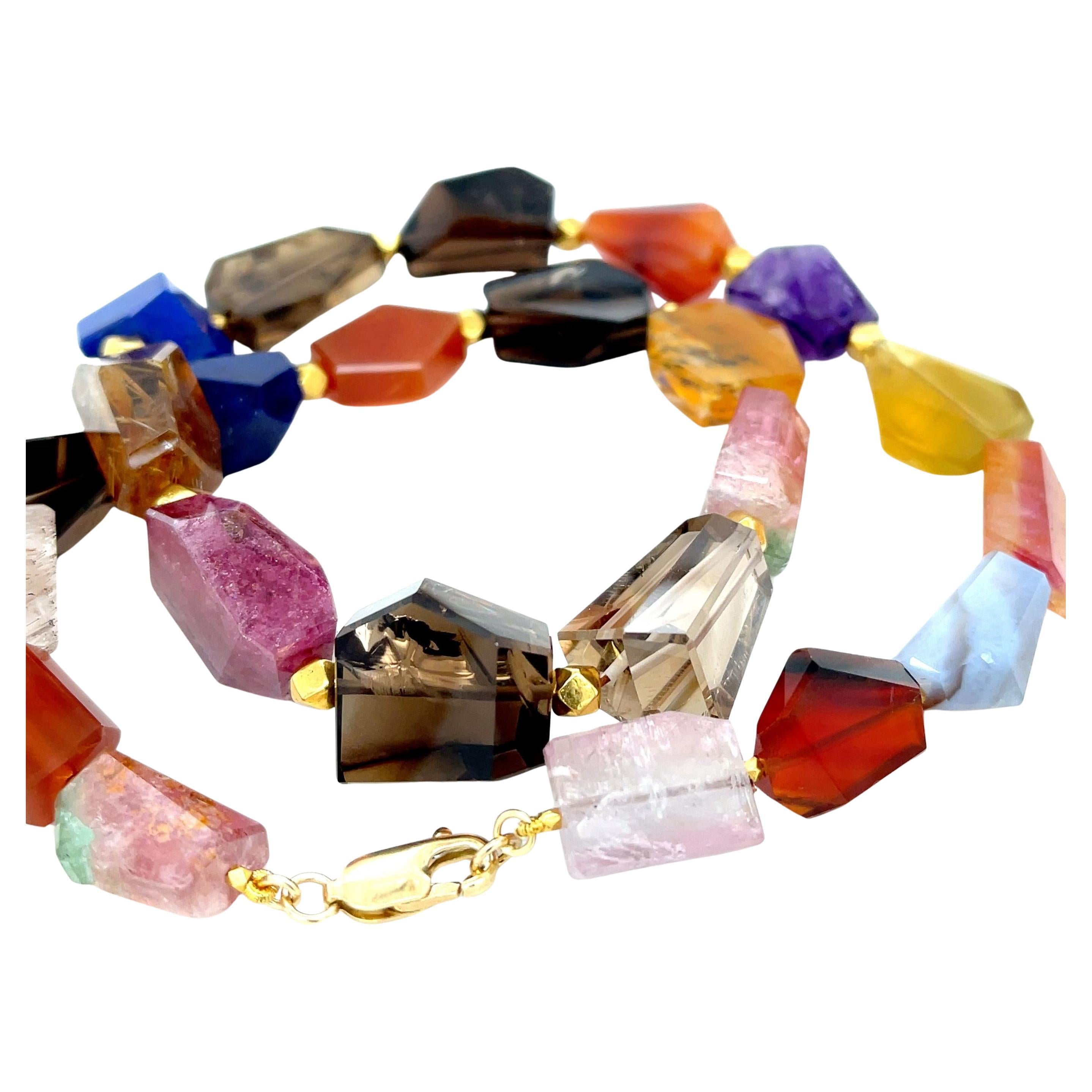 Multi-Gemstone Necklace, Faceted Nugget Beads with 18k Gold Accents, 19 ...