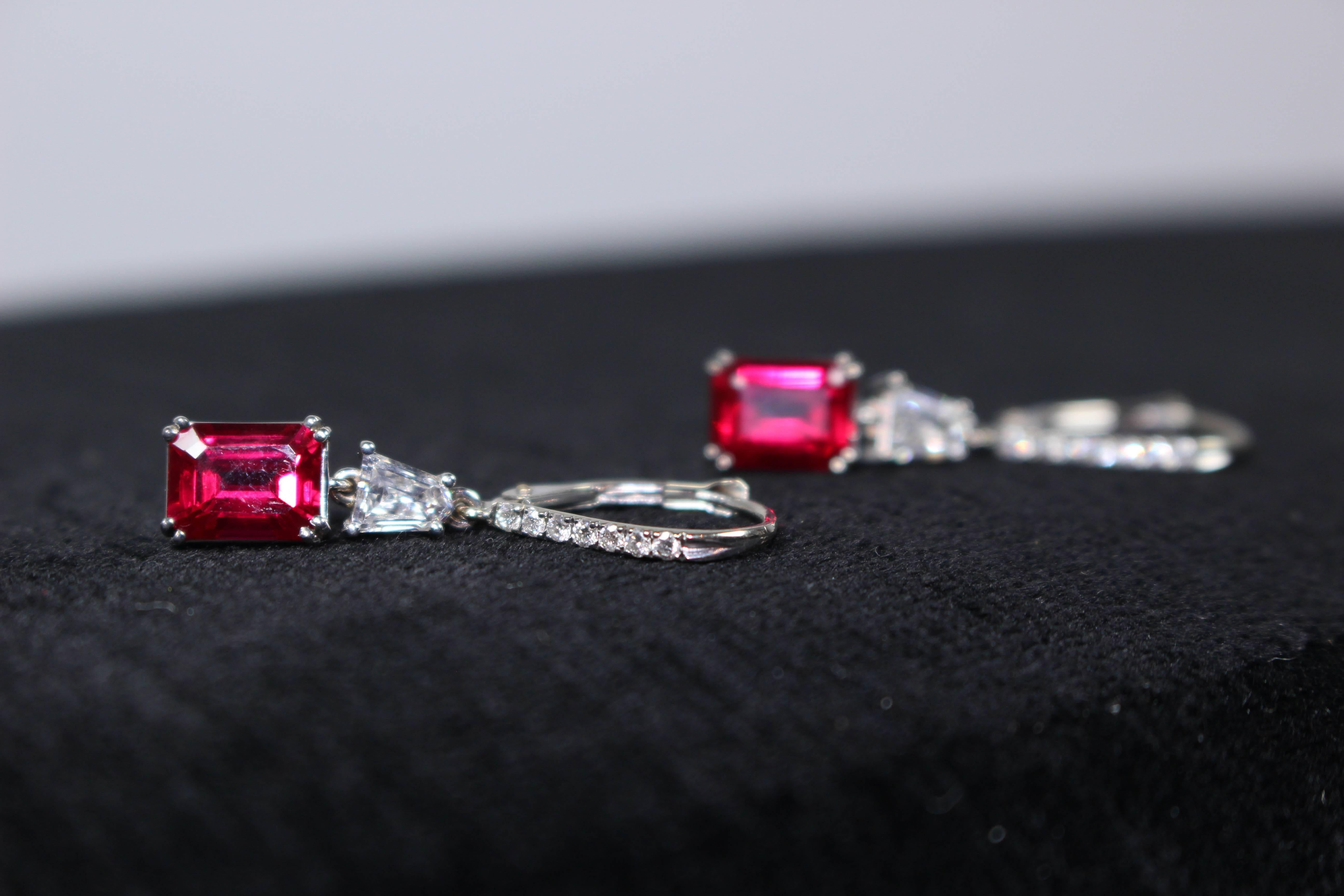 Stunning Ruby Trillion Diamond Pave Drop Gold Earrings For Sale at ...