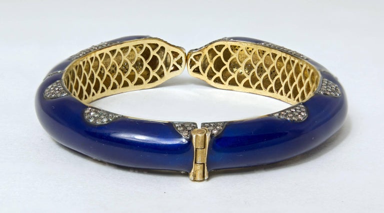 Russian Blue Enamel Diamond Gold Dolphin Bracelet Bangle For Sale at ...
