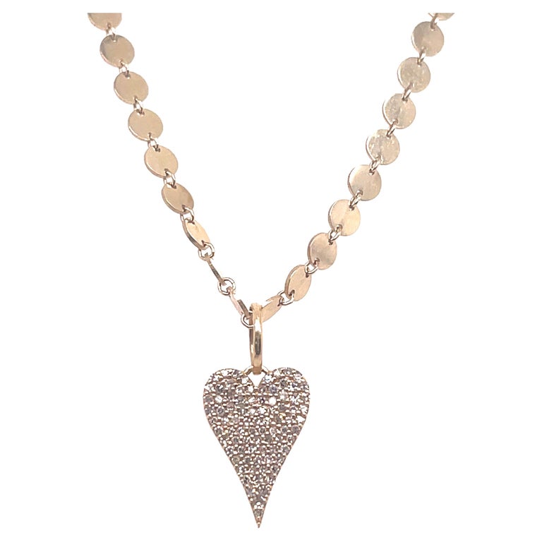 Gold Round Disc Chain with Diamond Heart Pendant For Sale at 1stDibs