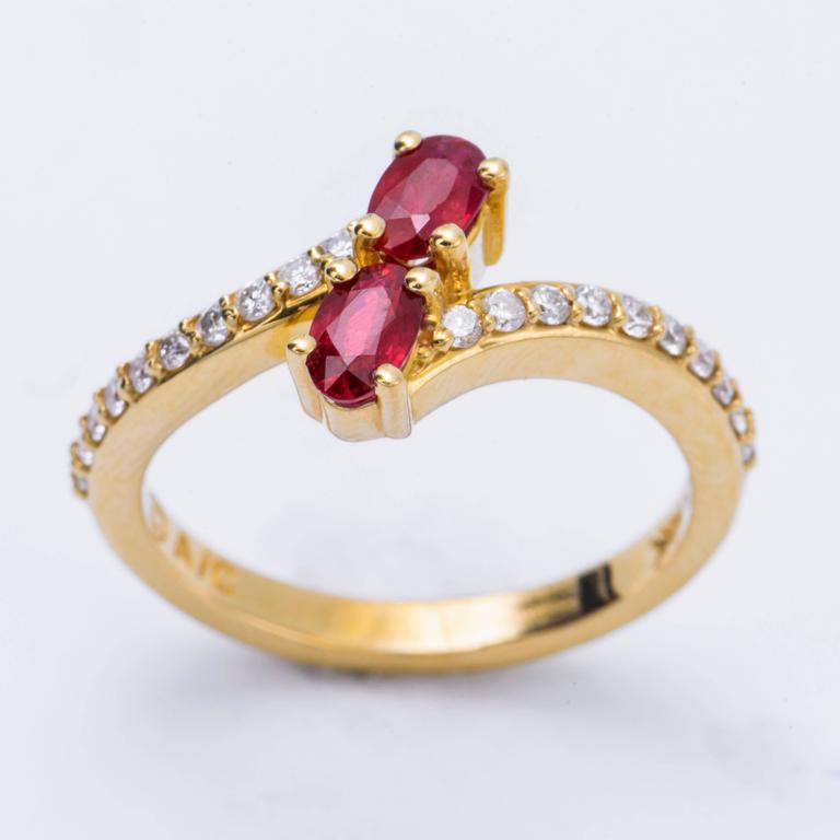 Ever-Us Two Rubies Diamond Yellow Gold Solitaire Crossover Engagement ...