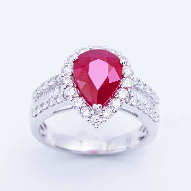 Pear Shape Ruby Diamond Halo White Gold Engagement Cocktail Ring at ...
