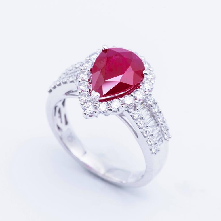 Pear Shape Ruby Diamond Halo White Gold Engagement Cocktail Ring at ...