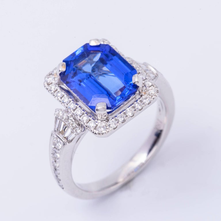 Emerald Cut Shape Tanzanite and Diamond Ring at 1stDibs | tanzanite ...