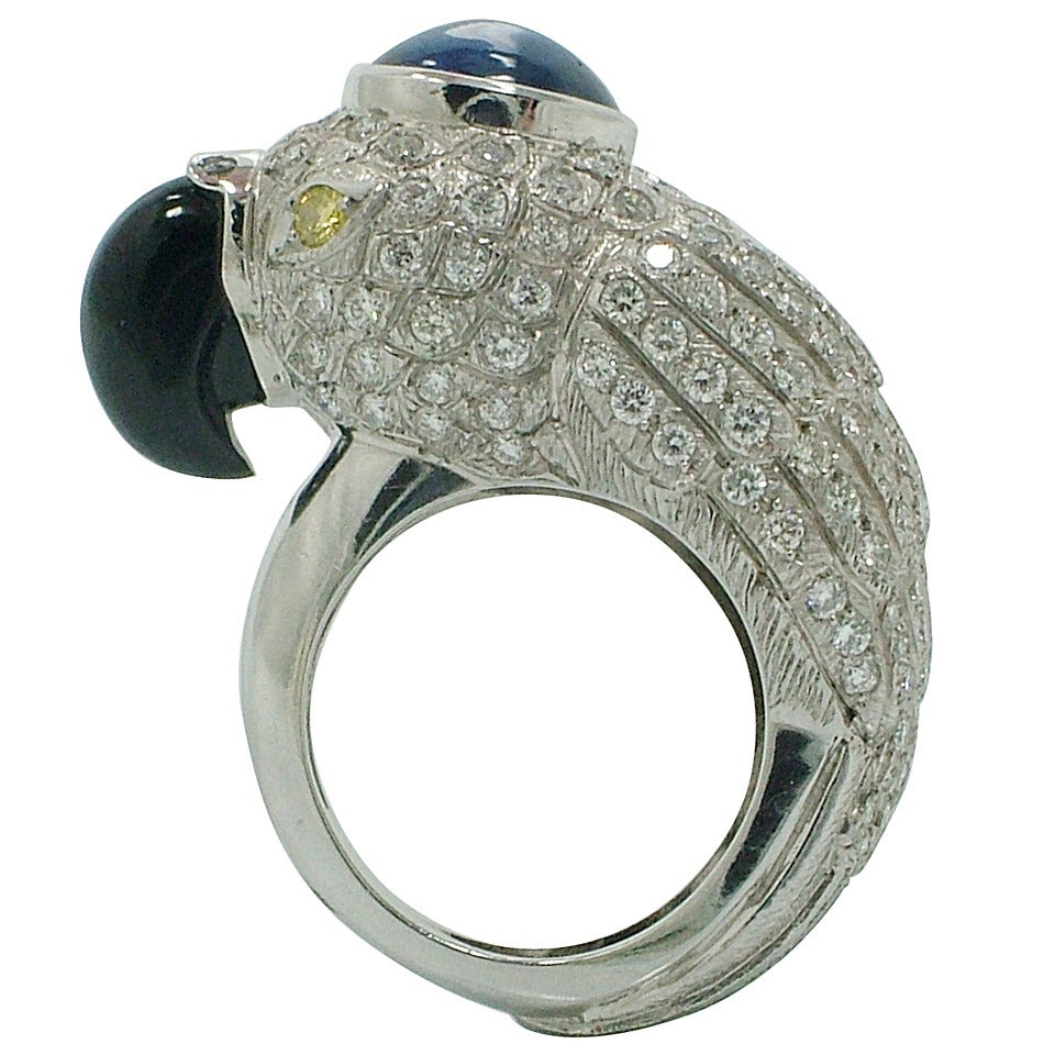 Onyx Blue Sapphire Diamond Gold Parrot Ring For Sale at 1stDibs