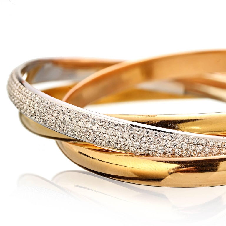 Trinity de Cartier "One" Diamond Tri-Color Gold Bangle For Sale at ...