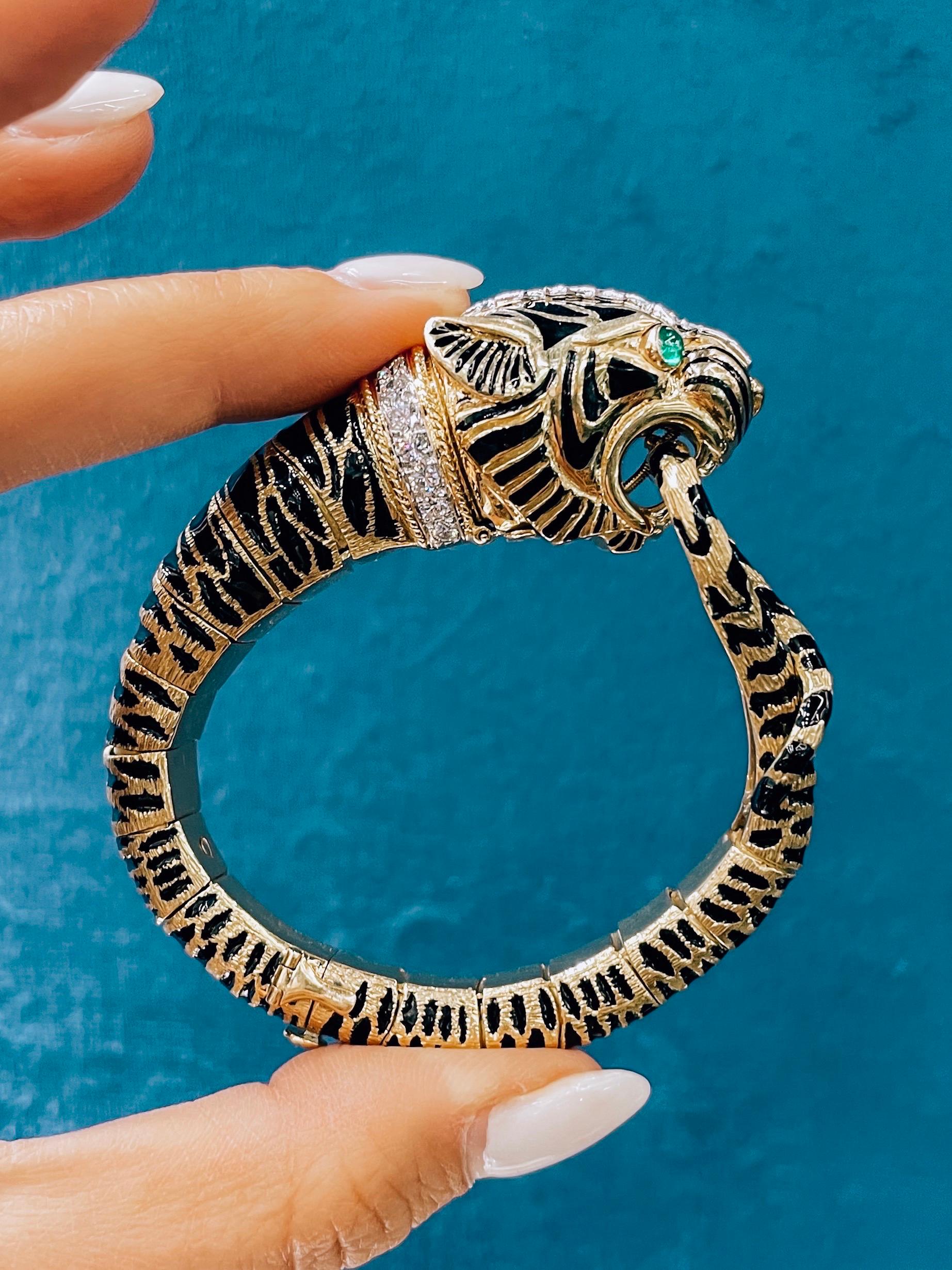 David Webb 18K Yellow Gold Diamond and Black Enamel Tiger Bracelet For ...