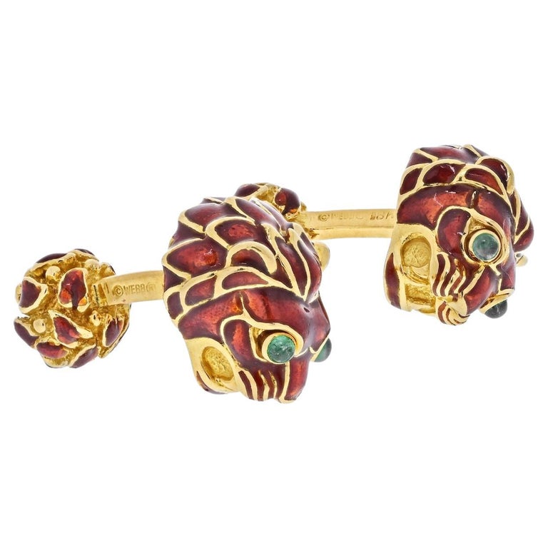 David Webb 18K Yellow Gold Red Enamel Lion Heads Cufflinks at 1stDibs