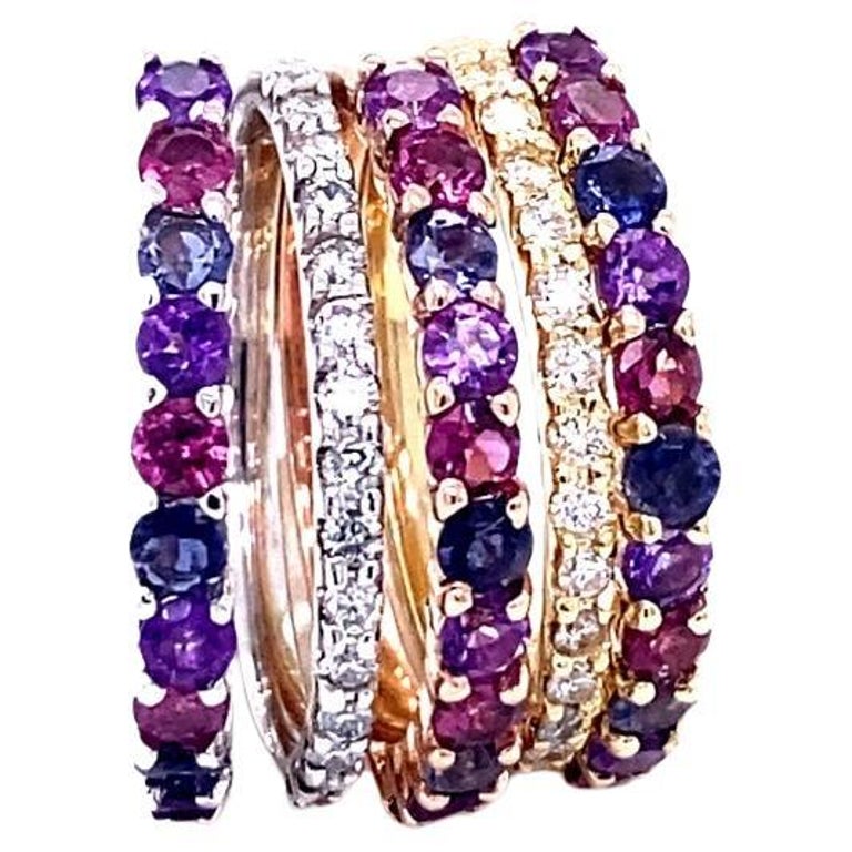 Gemstone and Diamond Gold Stackable Bands For Sale at 1stDibs