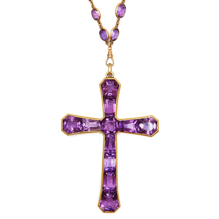 Antique Amethyst Gold Cross and Chain For Sale at 1stDibs