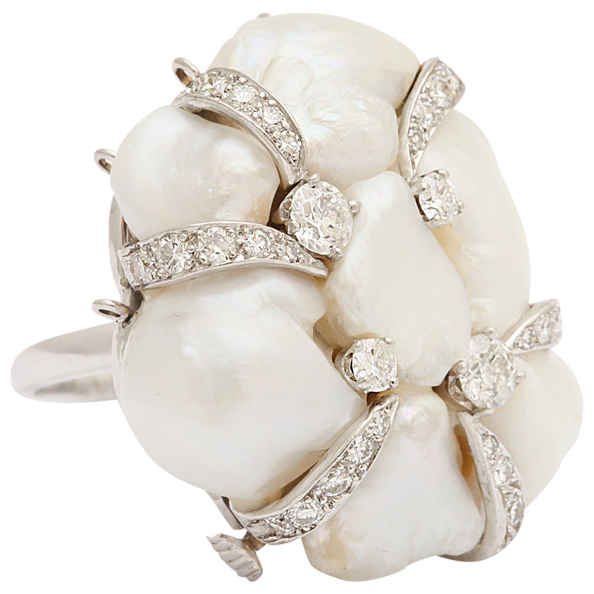 Ruser Natural Baroque Pearl Diamond Platinum Ring/Clasp at 1stDibs