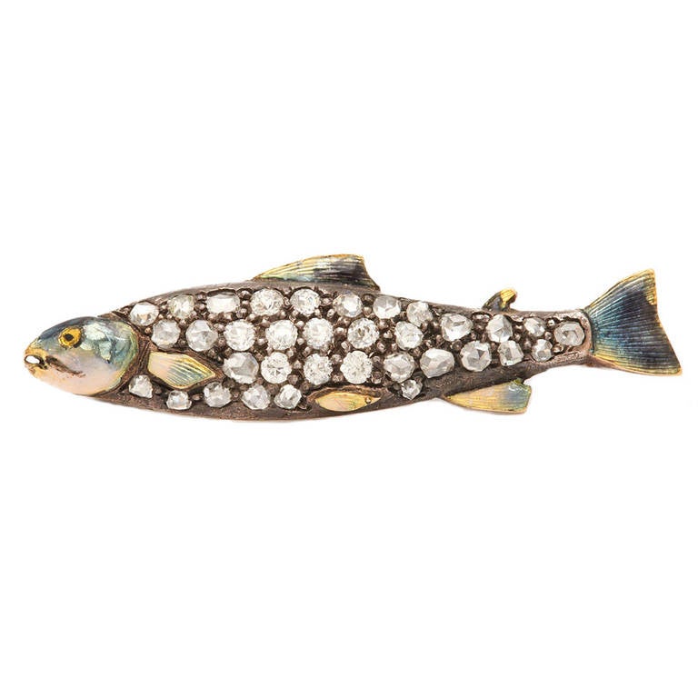 Victorian Enamel Diamond Fish Brooch For Sale at 1stDibs