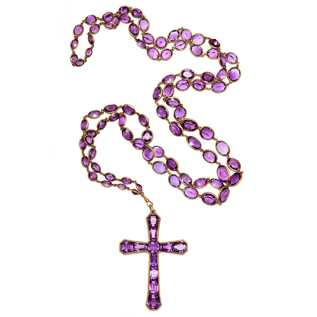 Antique Amethyst Gold Cross and Chain For Sale at 1stDibs
