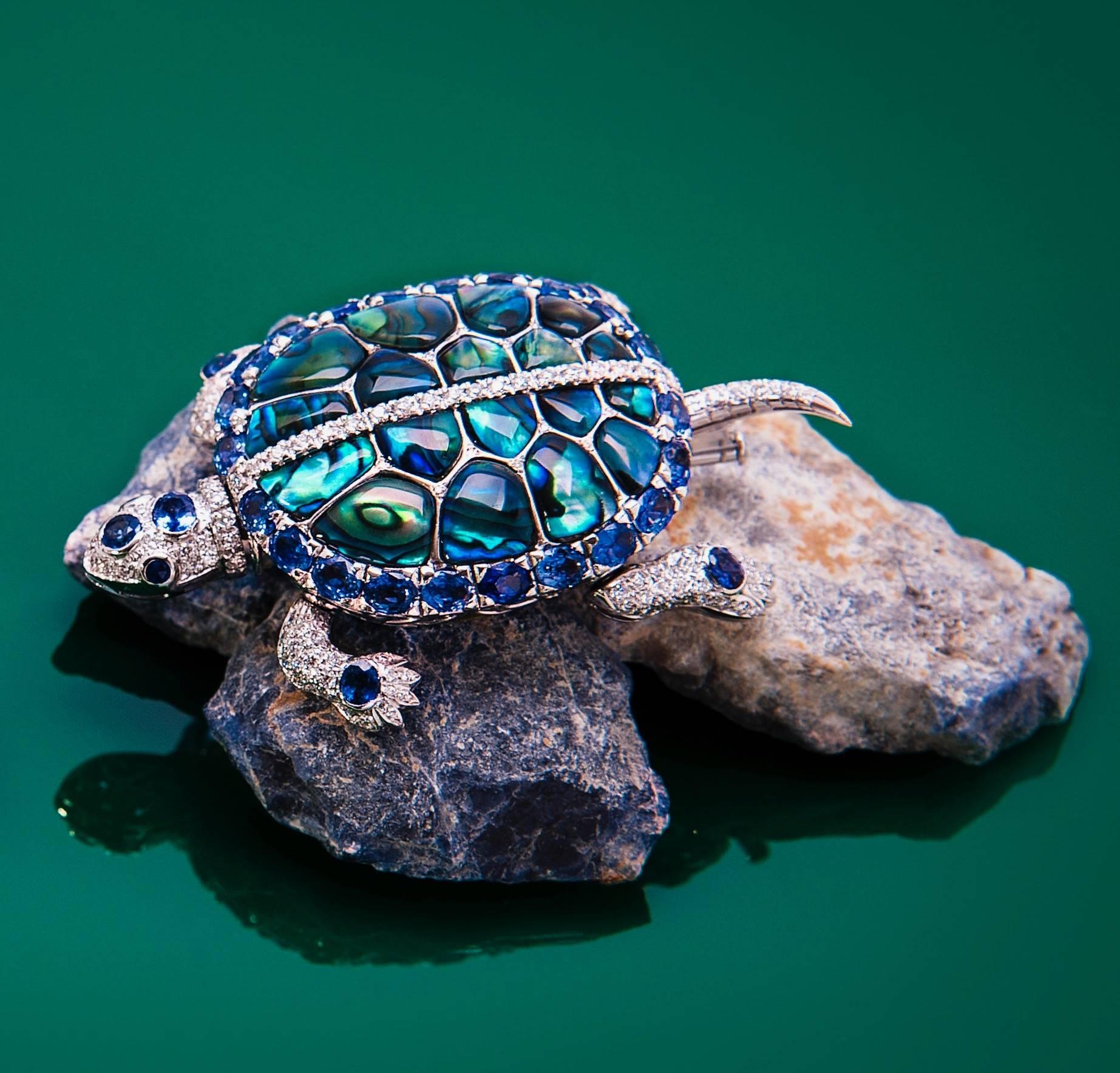 Turtle Brooch Pin Blue Sapphire and Diamonds Design by Ella Gafter For ...