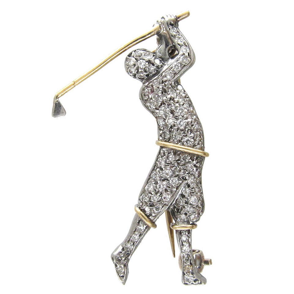 Diamond Studded Gold Golfer Brooch For Sale at 1stDibs