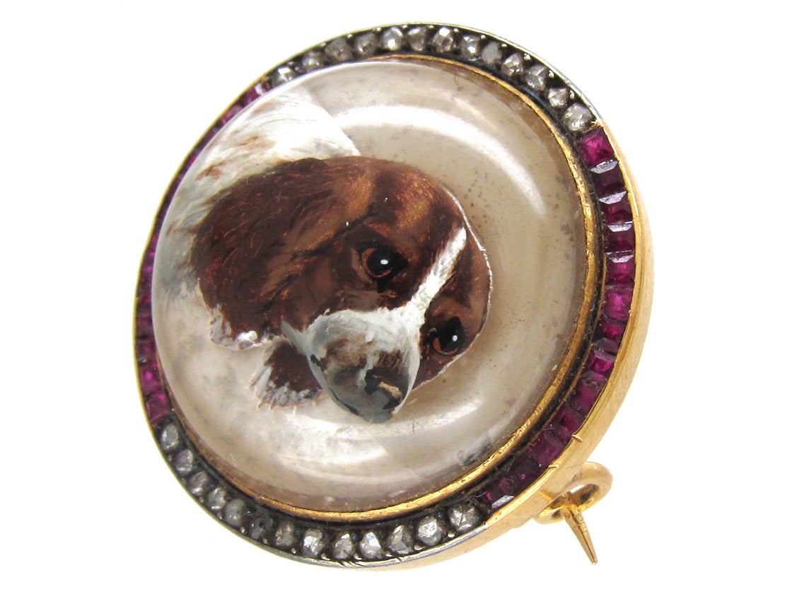 Crystal Mother-of-Pearl Ruby Diamond Gold Spaniel Brooch at 1stDibs