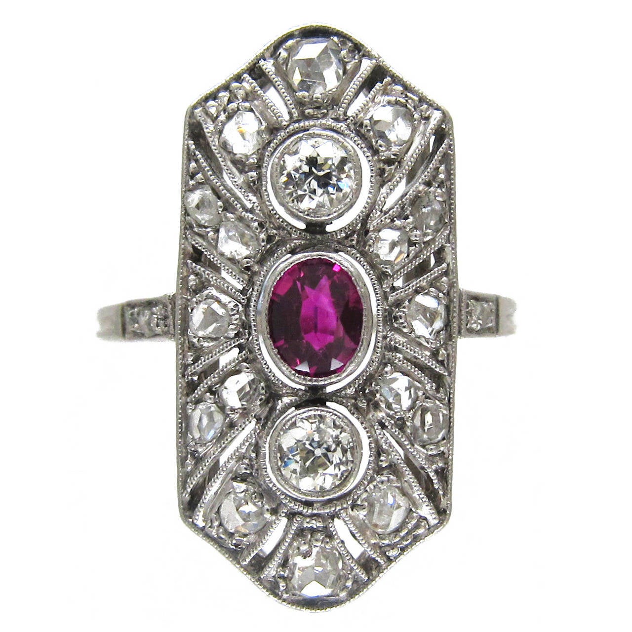 Art Deco Ruby Diamond Platinum Rectangular Ring For Sale at 1stDibs