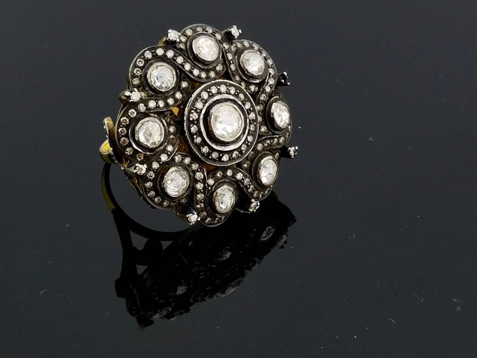 24 Karat Gold-Plated, Diamond and Silver Cocktail Ring For Sale at ...