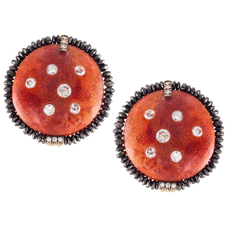Sponge Coral Ear Clips with Black and White Diamonds at 1stDibs