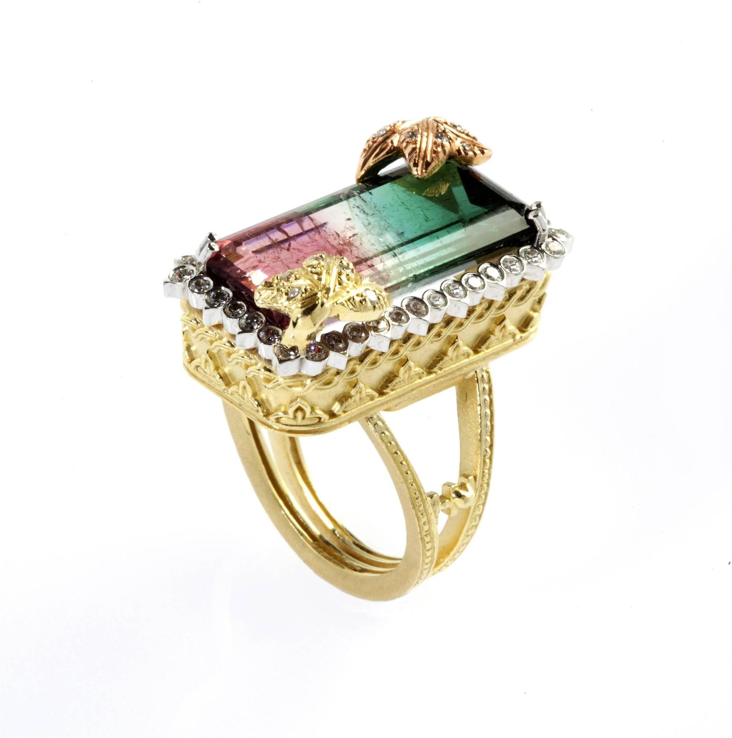 Stambolian Watermelon Tourmaline Tricolor Diamond Gold Ring at 1stdibs
