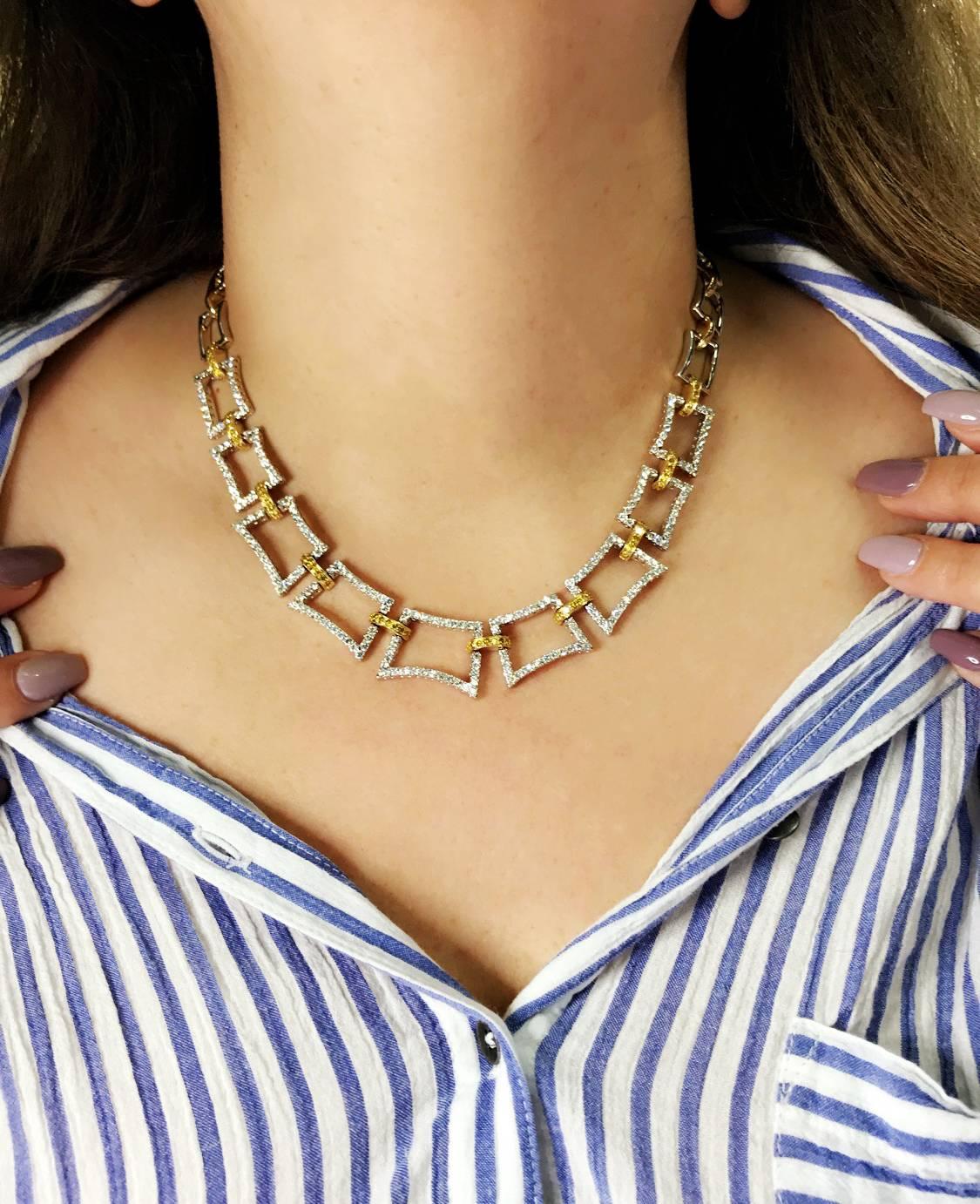 White and Yellow Gold Rectangle Diamond Link Necklace For Sale at ...